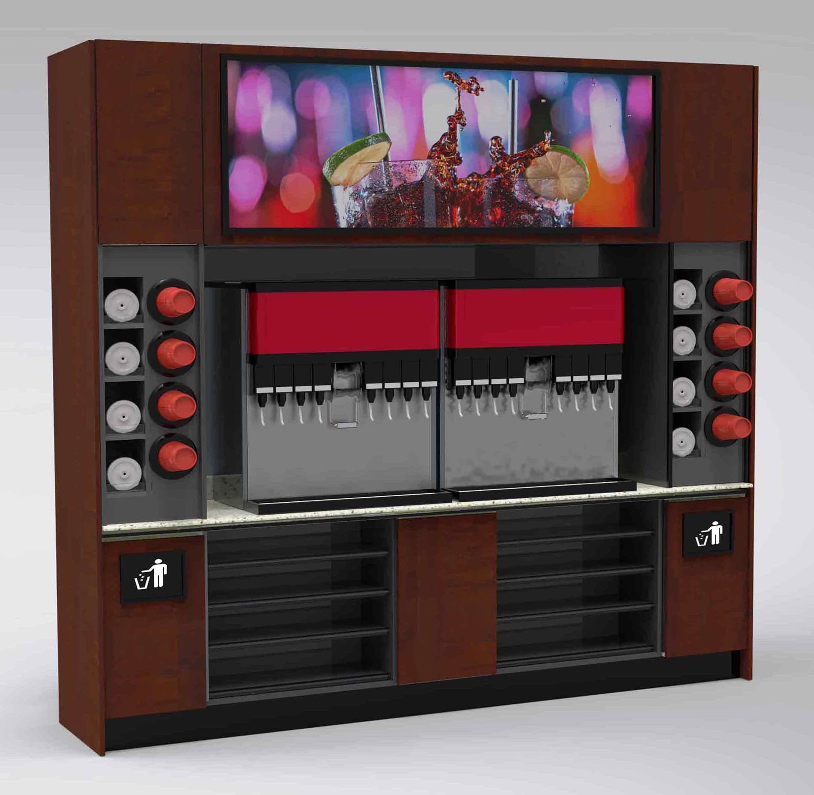 Modular Self-Serve Beverage Station with Side Cup Dispensers: 115.5"L