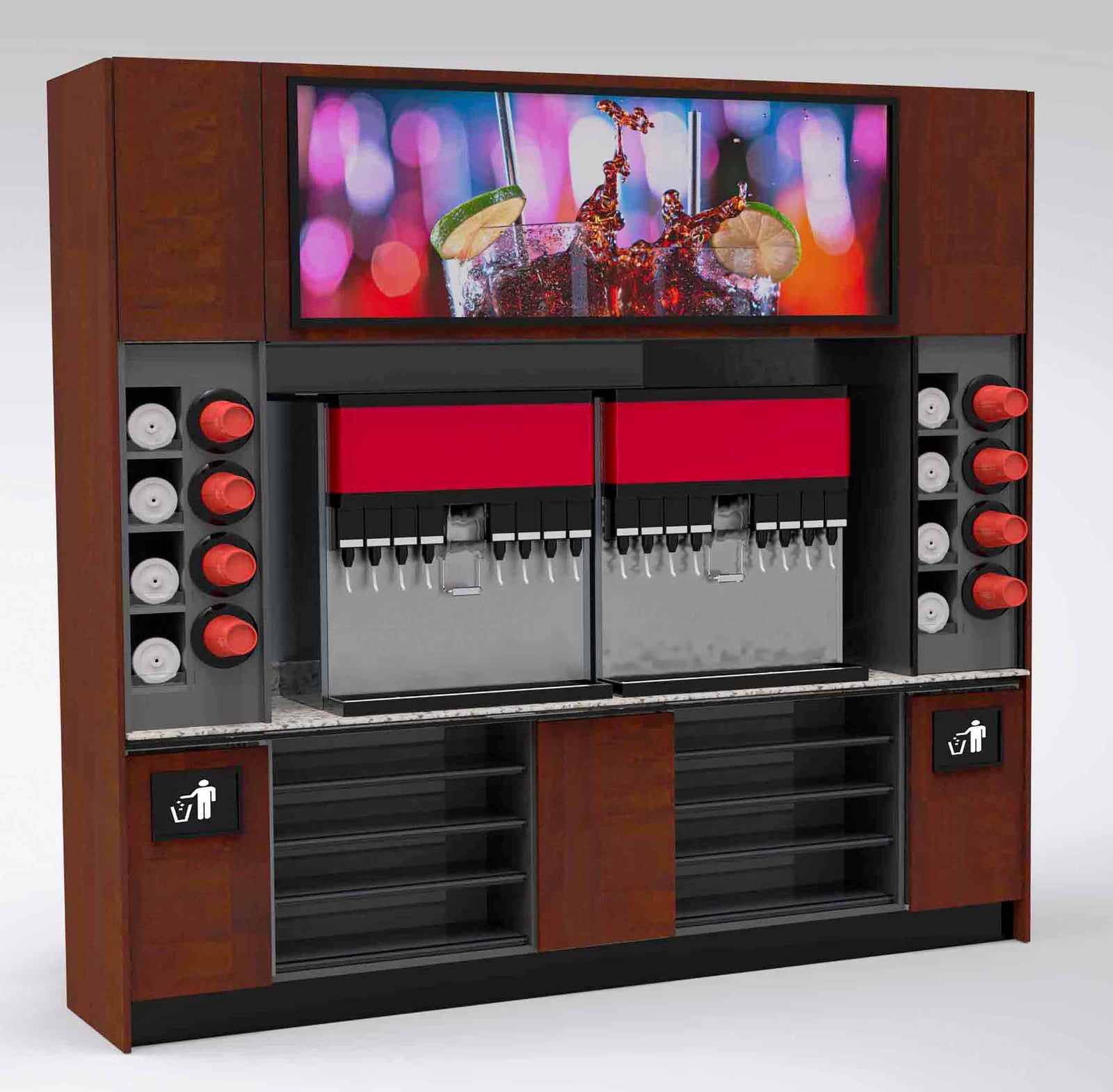 Modular Self-Serve Beverage Station with Side Cup Dispensers: 115.5"L